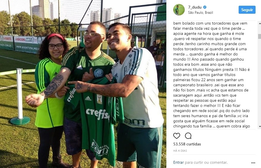 Cobrado em rede social, Dudu retruca: Apoiar quando ganha é mole ...